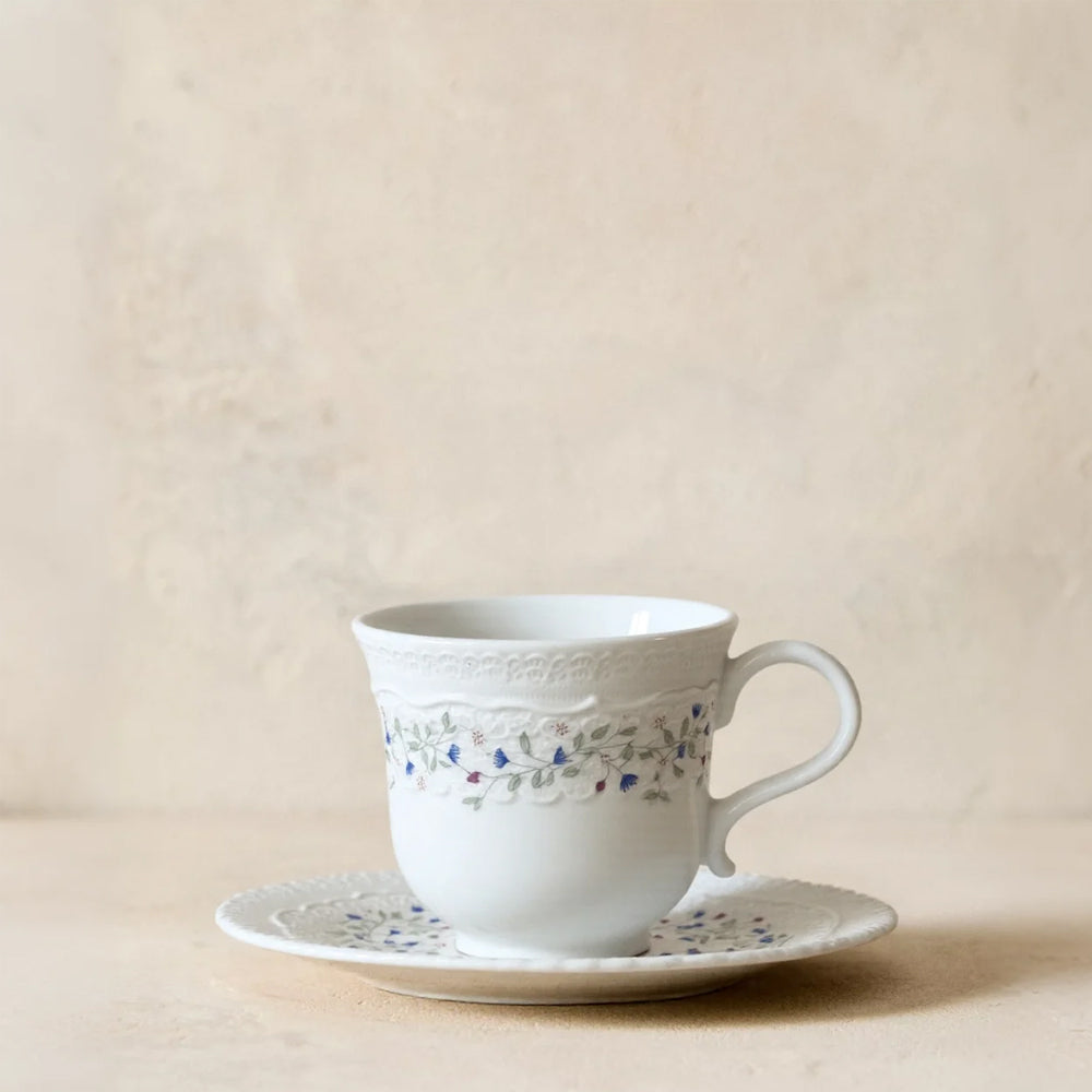Antique French Tea Cup and Saucer Set- 3D Floral Raised Design