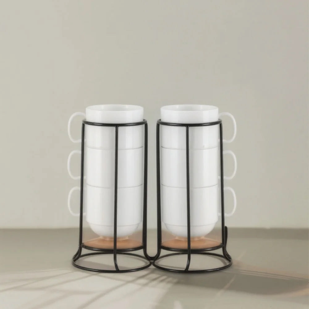 White Ceramic Stackable Coffee Mugs With Rack
